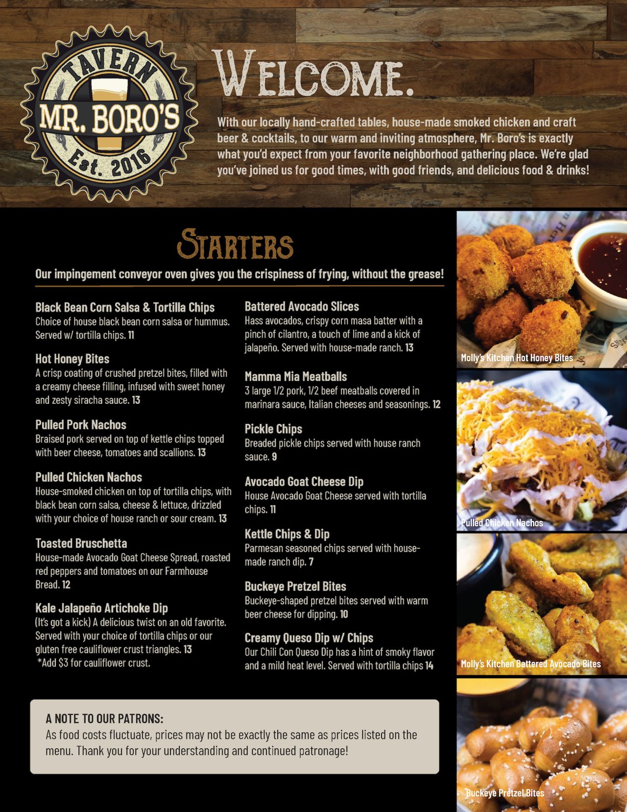 Menu | Mr. Boro's Tavern | Springboro, Ohio
